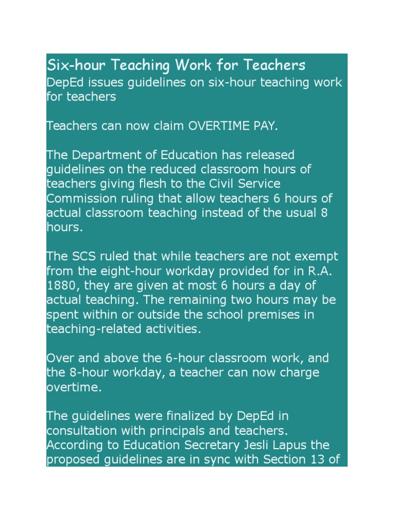 Six-Hour Teaching Work For Teachers | PDF | Overtime | Working Time