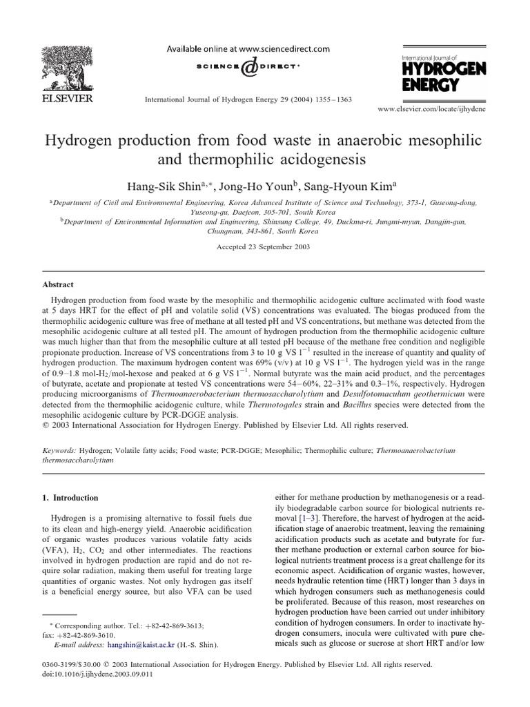 Hydrogen Production From Food Waste in Anaerobic Mesophilic and Thermophilic Acidogenesis | PDF ...