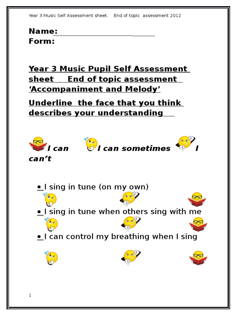 Year 3 Music Pupil Self Assessment Sheet Melody and Accompaniment | PDF