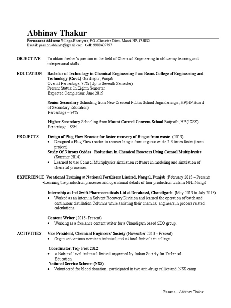 Abhinav Thakur - Resume | PDF | Chemical Engineering | Chemistry