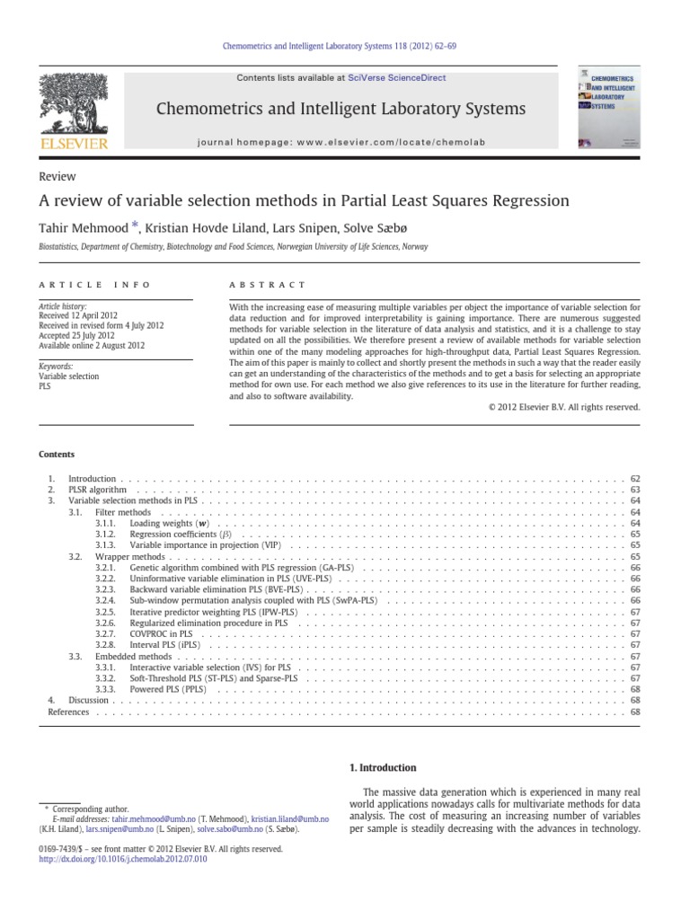 A Review of Variable Selection Methods in Partial Least Squares ...