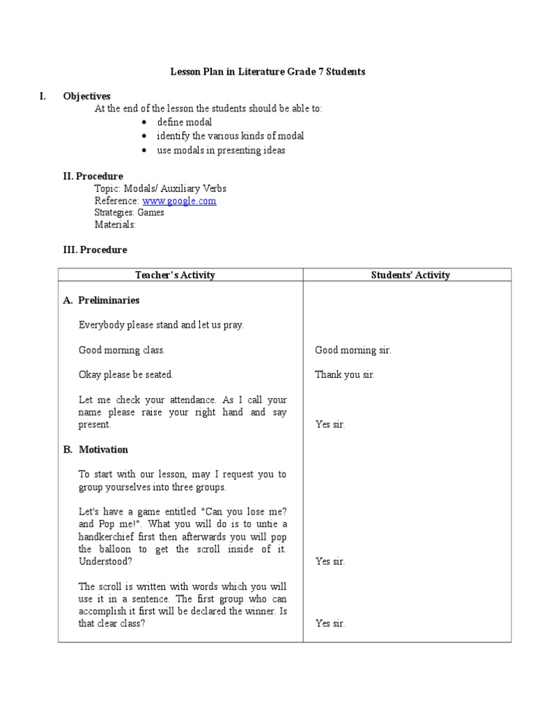 Lesson Plan in Modals Grade 7 Students | PDF | Lesson Plan