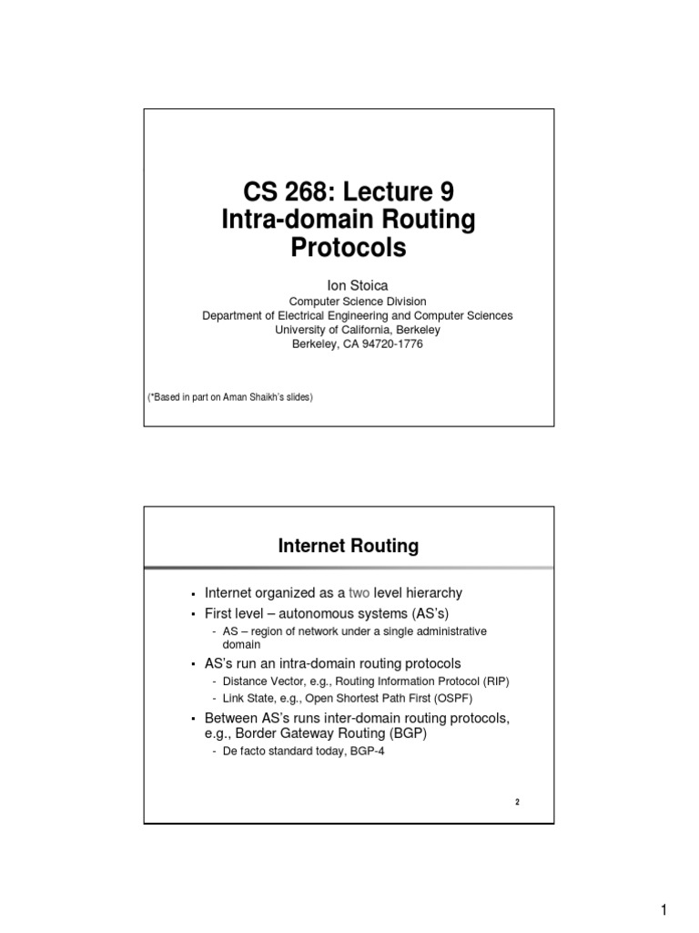Cs 268 Lecture 9 Intra Domain Routing Protocols Pdf Routing Network Topology