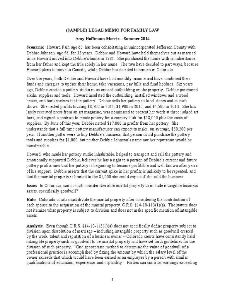 Sample Family Law Memo | PDF | Goodwill (Accounting) | Marriage