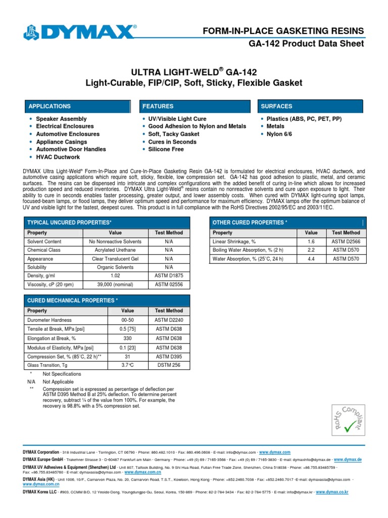 Dymax GA-142 UV Curable Gasket Data Sheet | PDF | Ultraviolet | Shenzhen