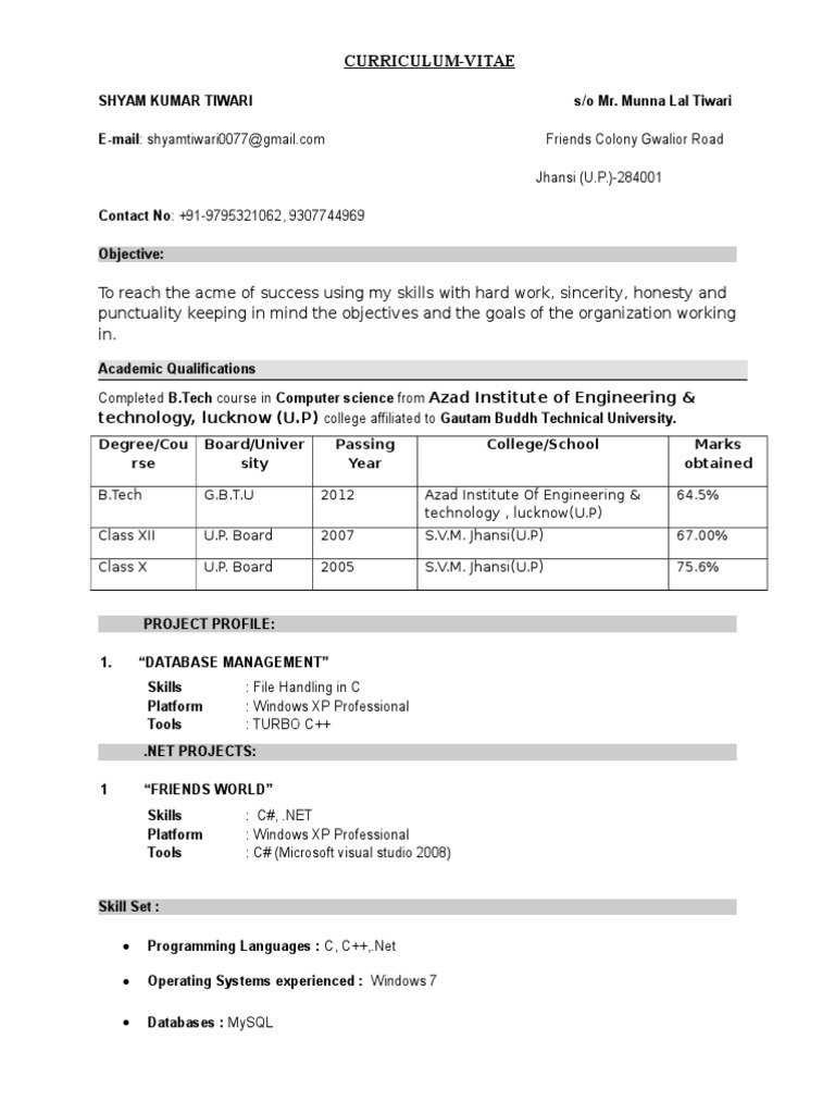 Shyam Kumar Tiwari's CV and Skills Summary | PDF