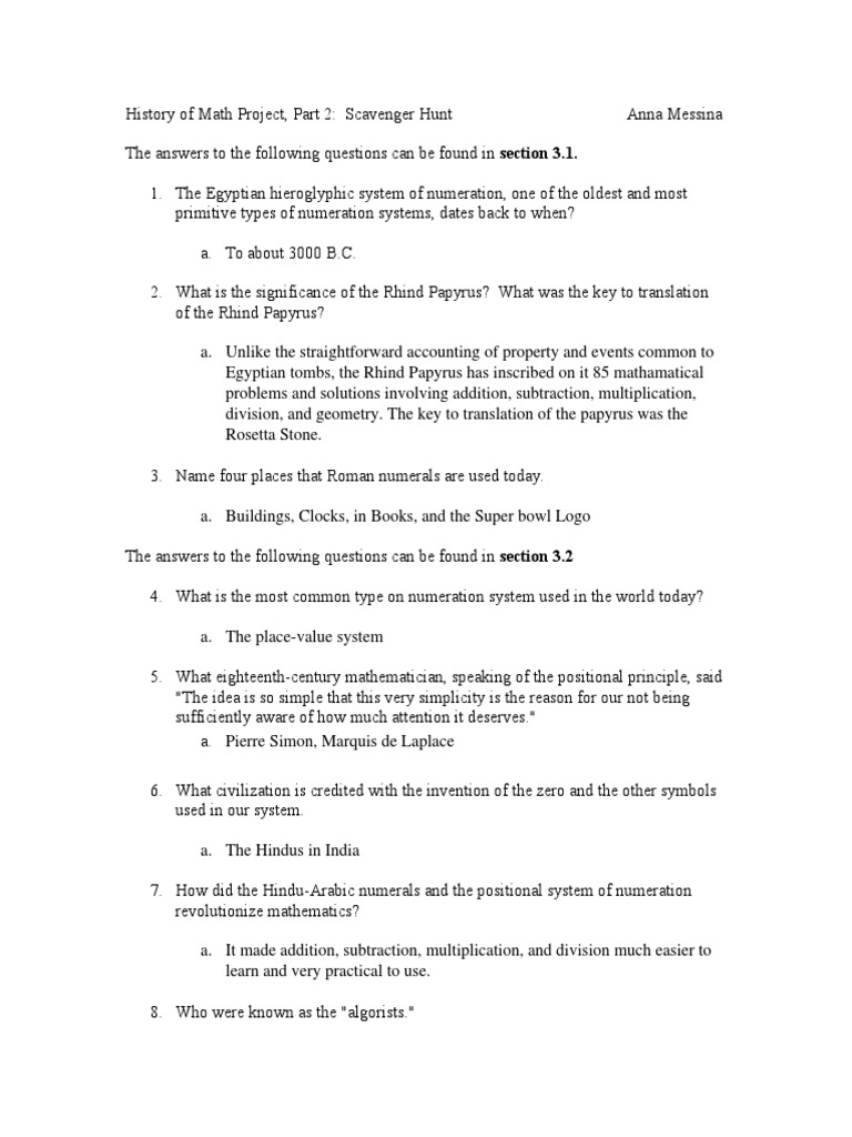 Math Scavenger Hunt (History of Math Part 2) | PDF | Numbers | Teaching ...