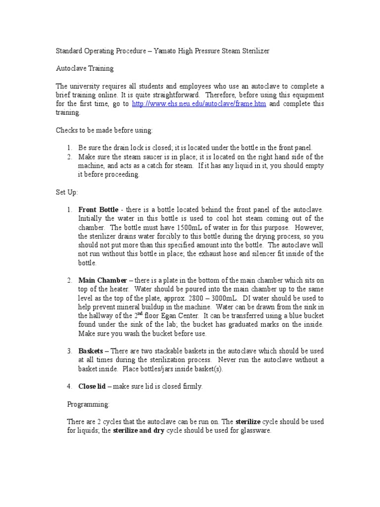 Standard Operating Procedure Autoclave | Download Free PDF ...
