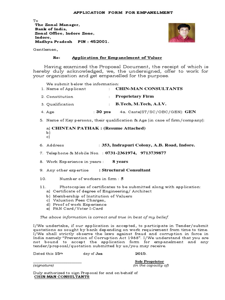 Application Form For Empanelment - Boi - Filled | PDF