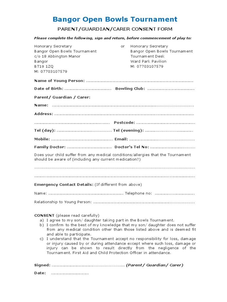Bangor Open Bowls Tournament Consent Form | PDF | Cooking, Food & Wine