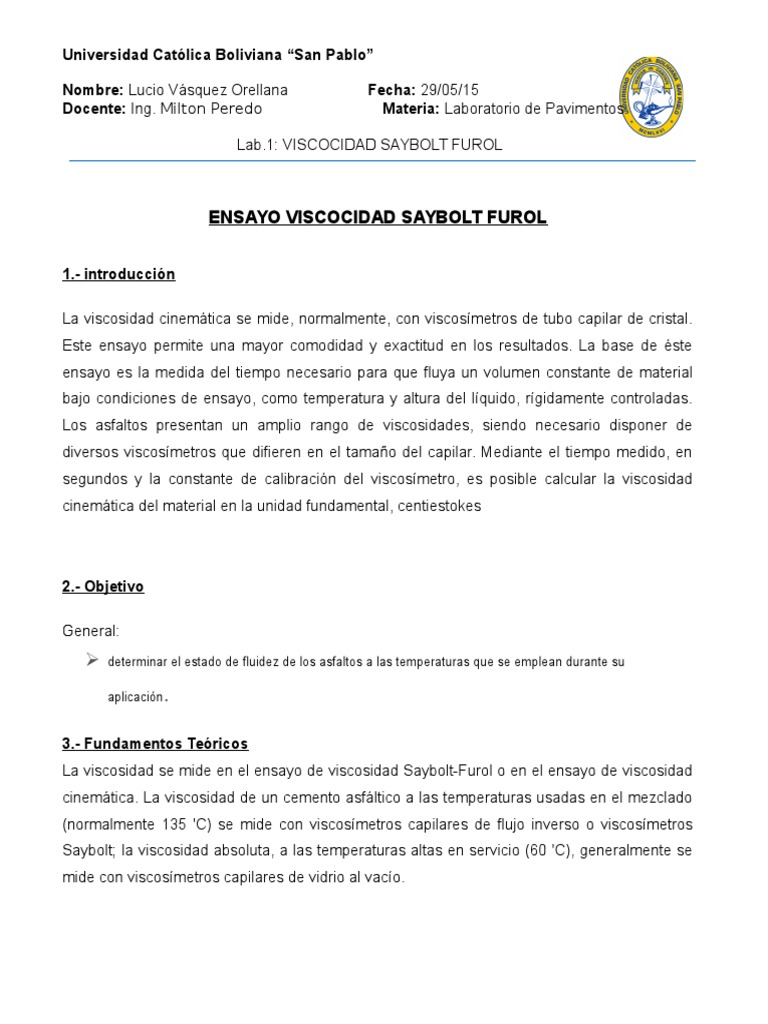 Viscocidad Saybolt Furol | PDF | Viscosidad | Mecánica de Medios Continuos Viscocidad Saybolt Furol | PDF | Viscosidad | Mecánica de Medios Continuos