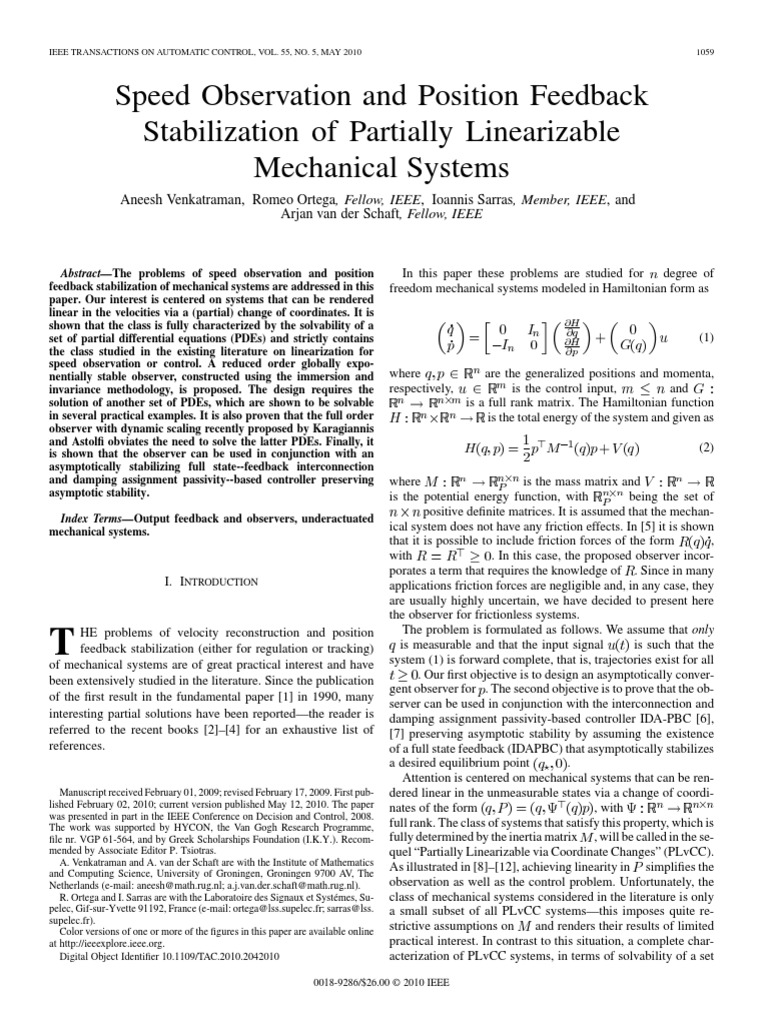 Speed Observation and Position Feedback Stabilization of Partially Linearizable Mechanical ...