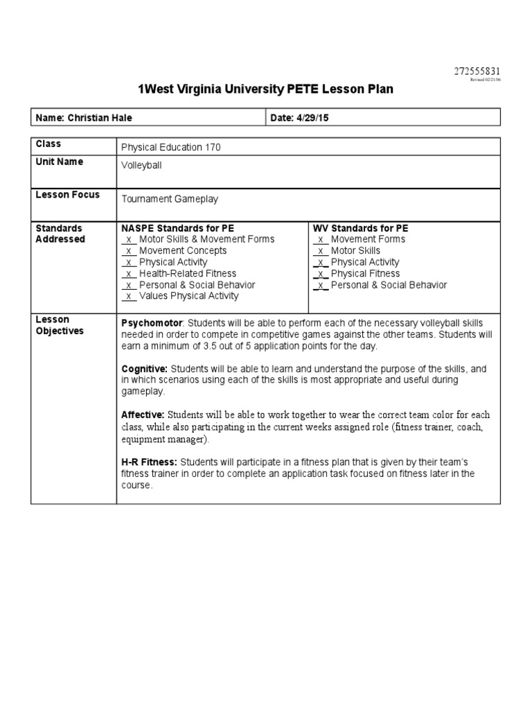 Volleyball Lesson Plan 4-29-15 | PDF | Physical Education | Volleyball