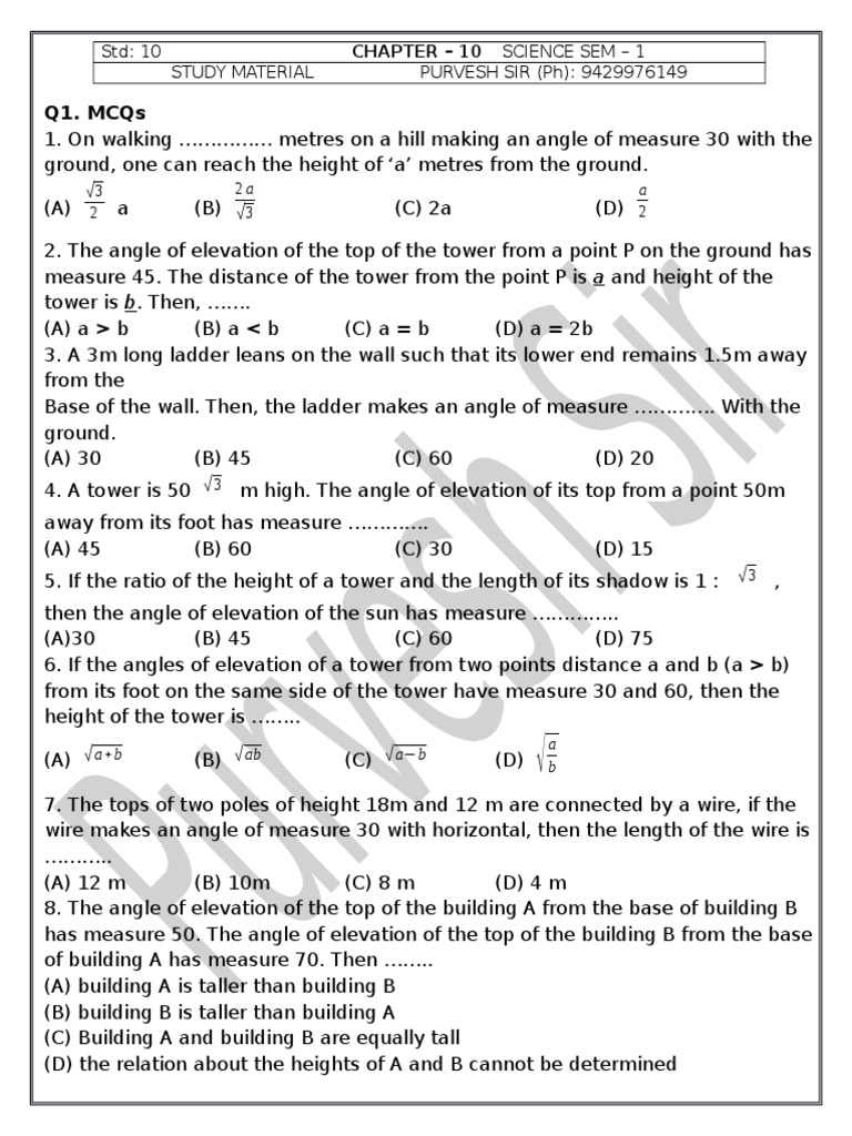 Chapter 10 Science Study Material: Multiple Choice Questions on Angles ...
