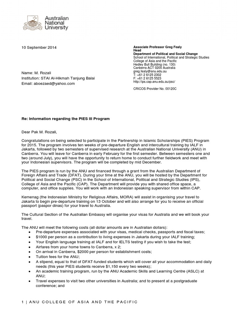 Letter to Successful Candidate M. Rozali 10.9.14 (1) | Australia ...