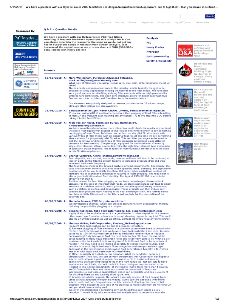 Hydrocracker VGO Filter Issues | PDF | Filtration | Cracking (Chemistry)