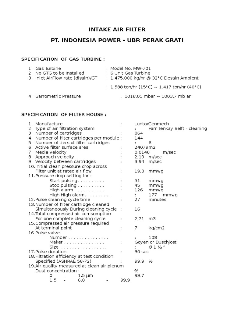 Gas Turbine Intake Air Filter Specs | PDF | Technology & Engineering