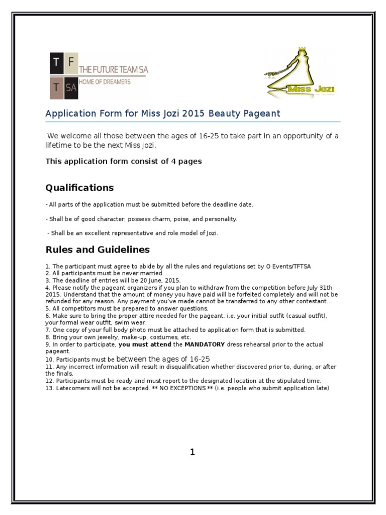 Application Form 2015 Miss Jozi Beauty Pageant | PDF | Government ...