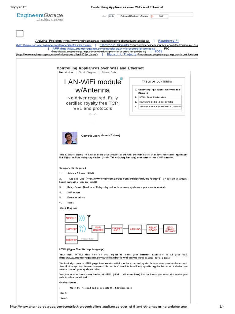 Controlling Appliances Over WiFi and Ethernet PDF | PDF | Wi Fi | Arduino