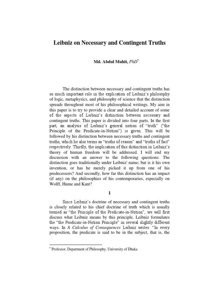 Muhit Leibniz On Necessary and Contingent Truths | PDF | A Priori And A ...
