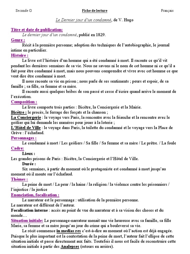 Fiche de Lecture Le Dernier Jour D Un Condamne Victor Hugo | PDF ...