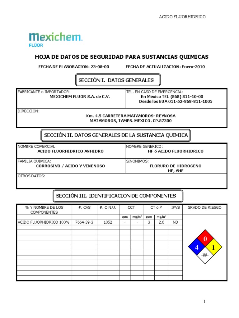 Hoja Seguridad Acido Fluorhidrico | PDF | Tanques | Agua