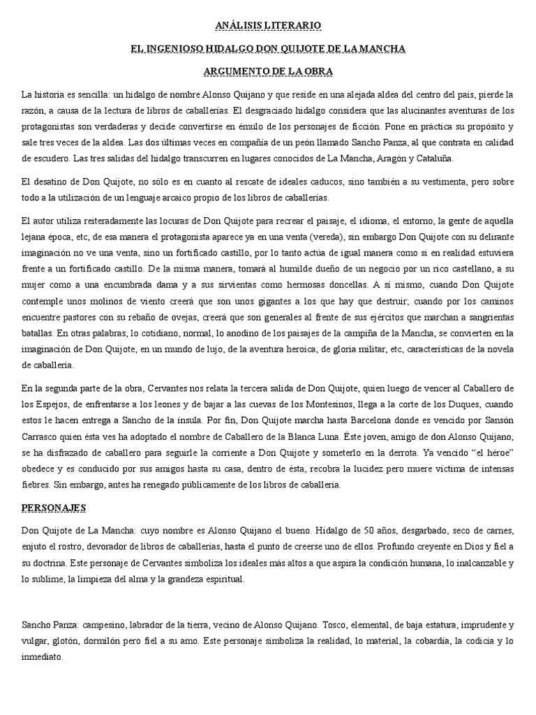ANÁLISIS LITERARIO Quijote de La Mancha | PDF | Don Quijote | Novelas