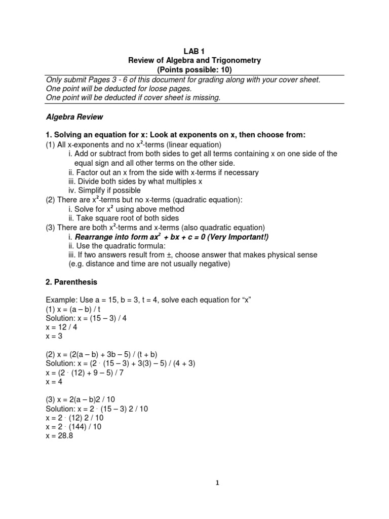 Lab 1 Review of Algebra and Trigonometry | PDF | Trigonometric ...