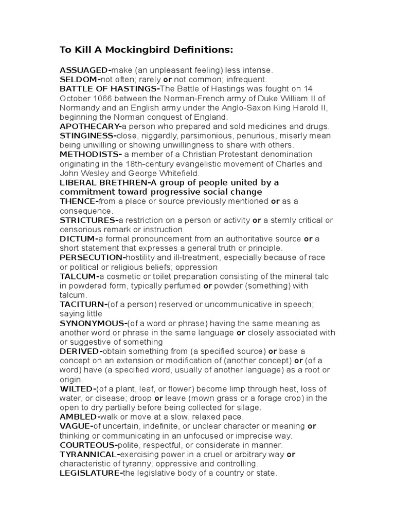 To Kill A Mockingbird Definitions | PDF | Religion And Belief