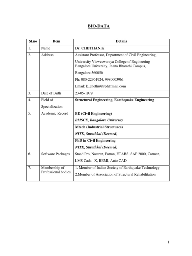 Dr. Chethan K Biodata | PDF | Thesis | Engineering