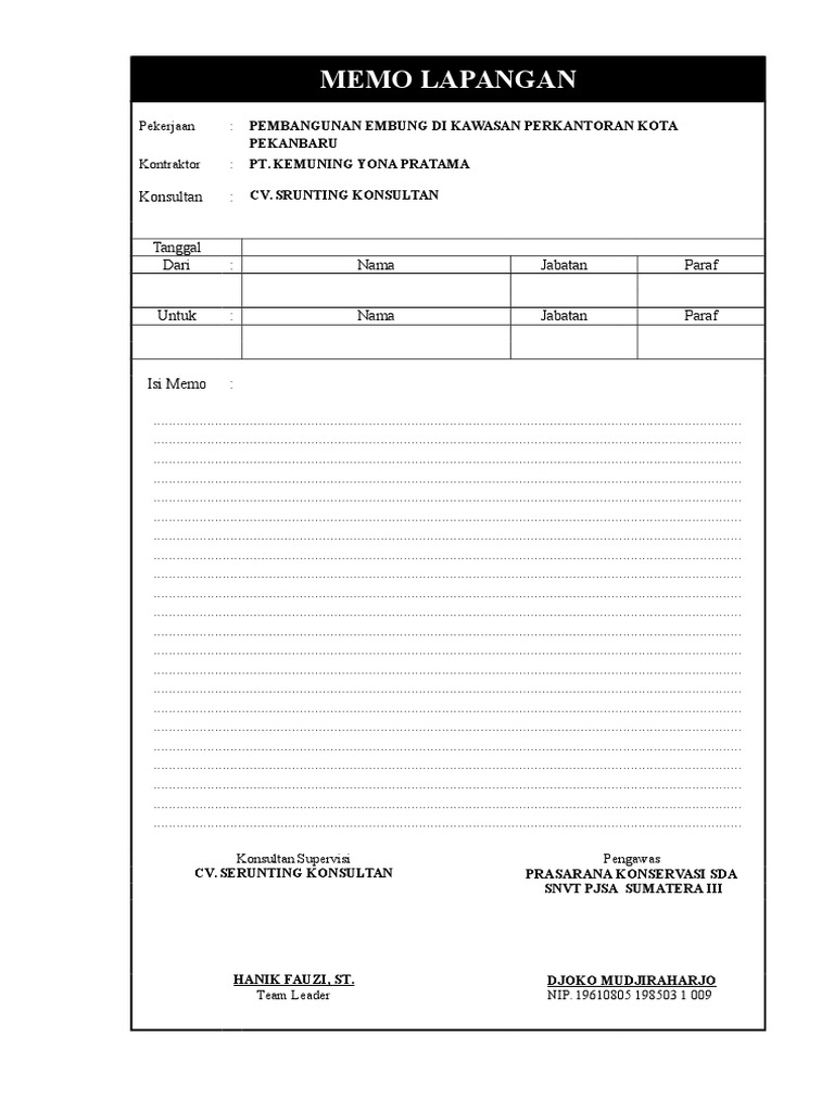 Memo Lapangan Proyek Embung Pekanbaru | PDF | Karier & Perkembangan | Seni