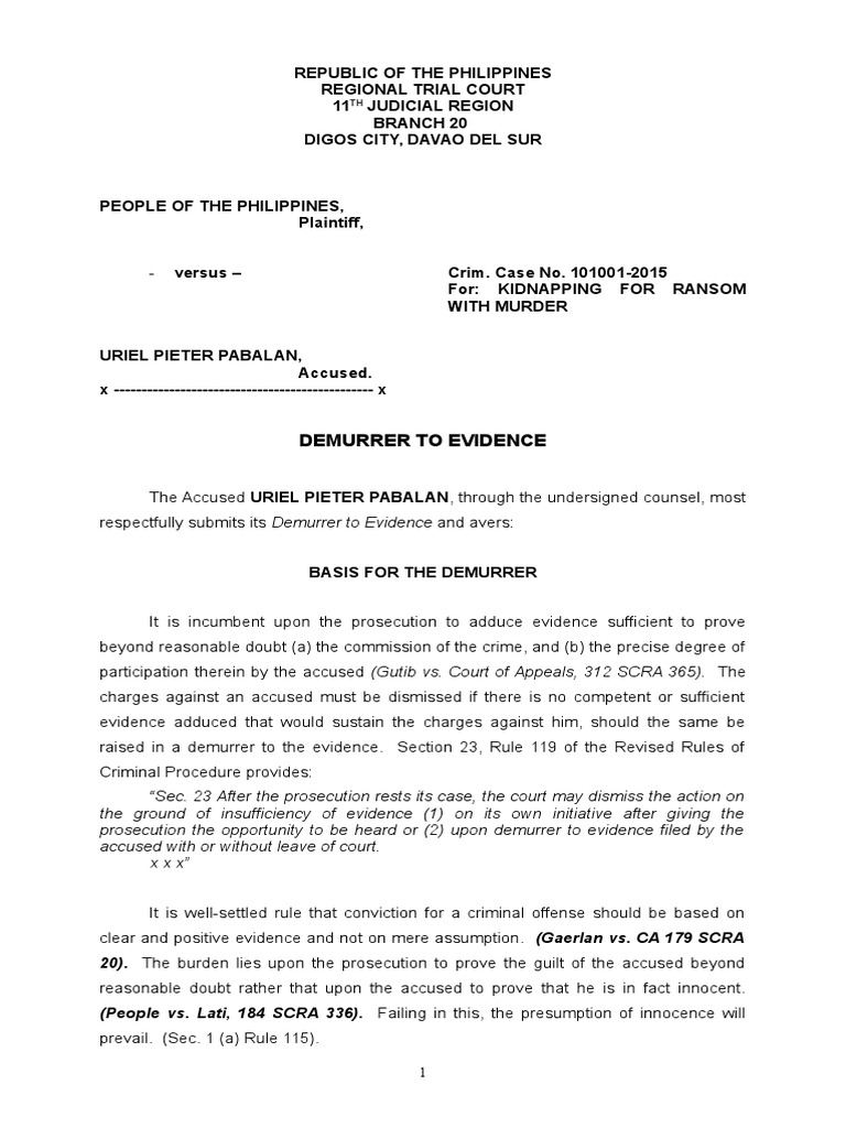 Demurrer To Evidence Final by Jay | PDF | Demurrer | Evidence