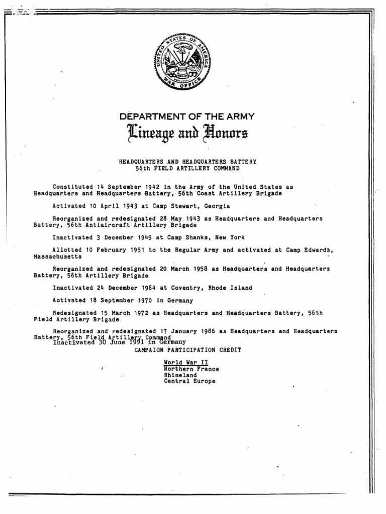 56th Field Artillery Command - Lineage and Honors | PDF