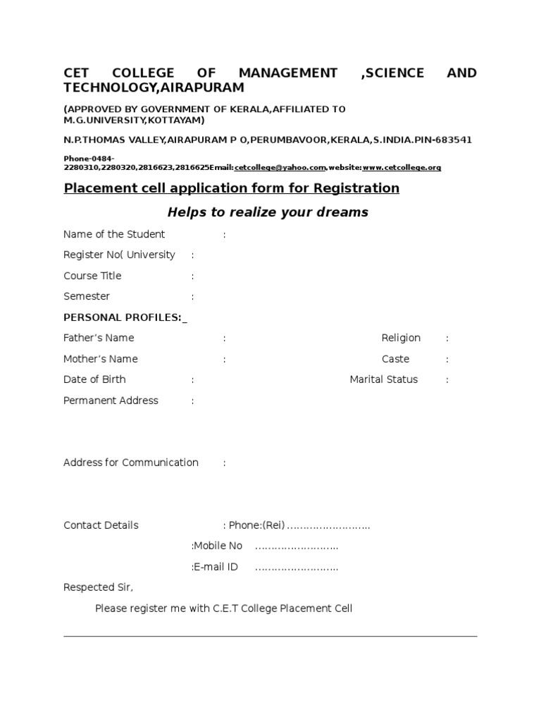 CET Placement Cell Registration Form | PDF