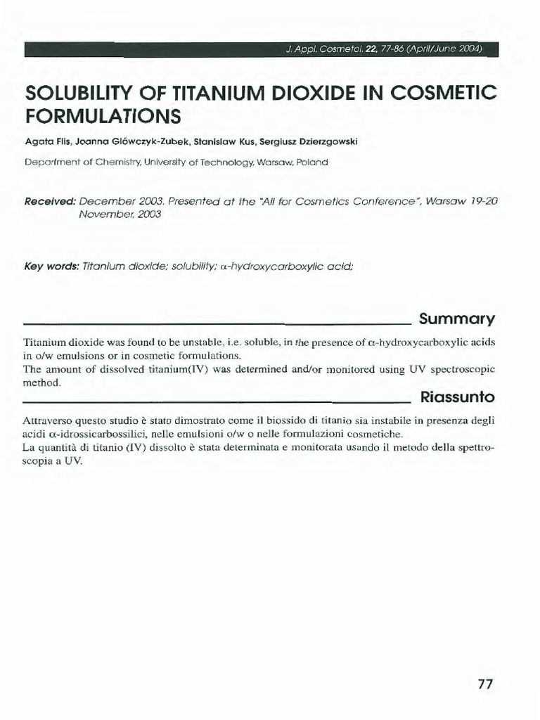 Solubility of Titanium Dioxide in Cosmetic Formulations | PDF ...