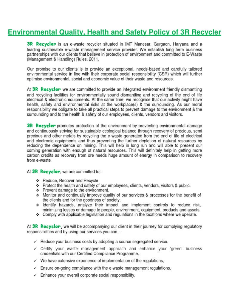 3R Recycler's E-Waste Management Policy | PDF | Electronic Waste ...