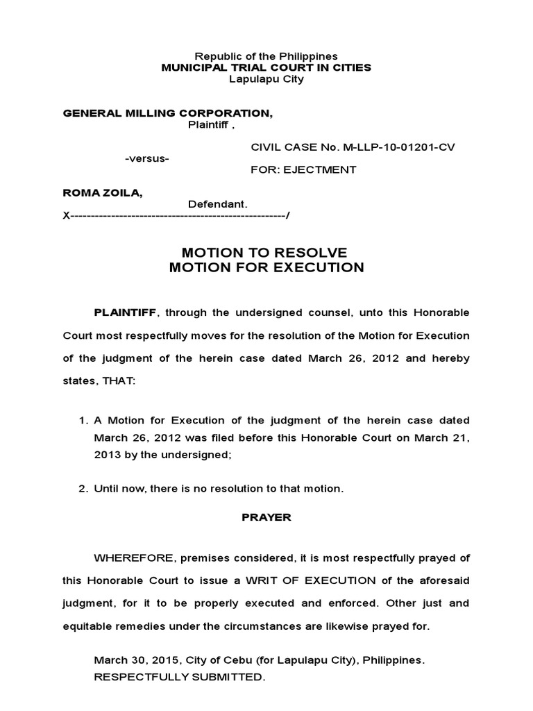 Sample Motion To Resolve Motion For Execution | PDF