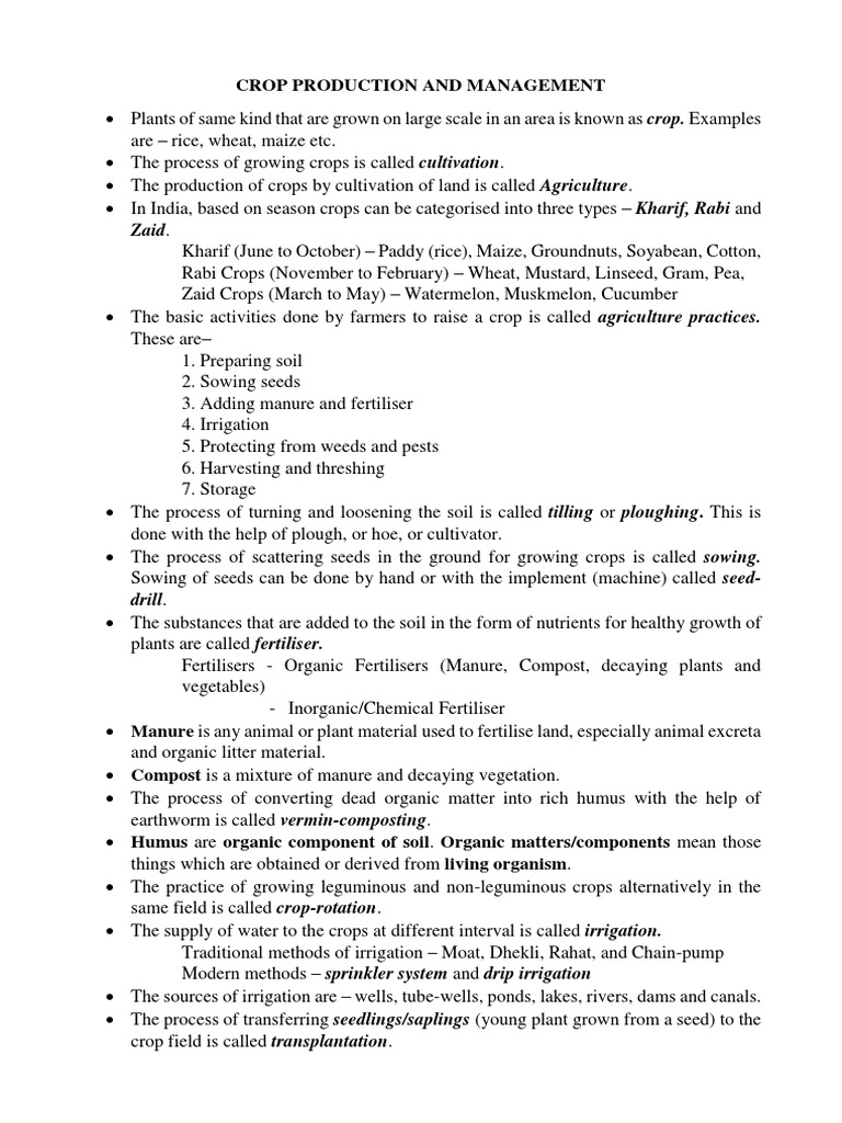 CH 1 - Crop Production (Notes) | PDF | Manure | Agriculture
