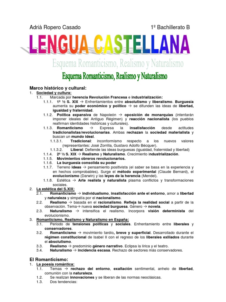 Esquema Romanticismo Realismo y Naturalismo | Descargar gratis PDF ...