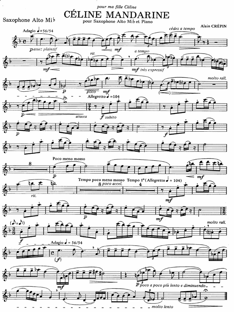 Alain Crepin - Celine Mandarine Pour Saxophone Alto Mib Et Piano (Alto ...
