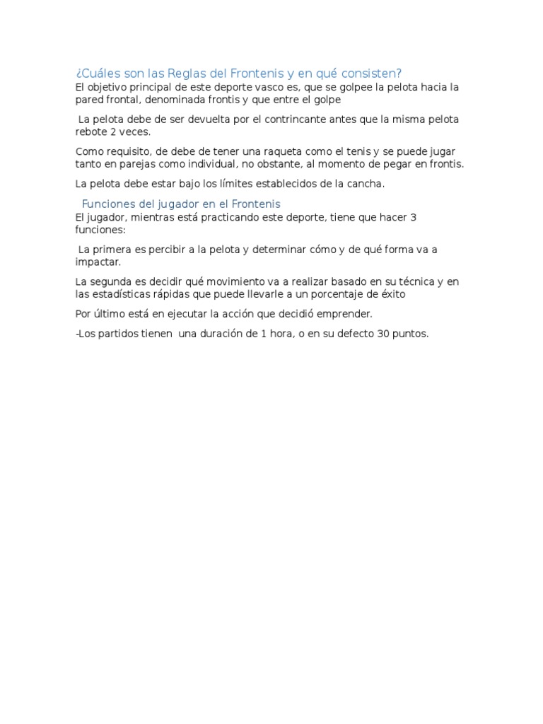 Reglas y Funciones del Frontenis | PDF | Deportes atléticos | Juegos de ...