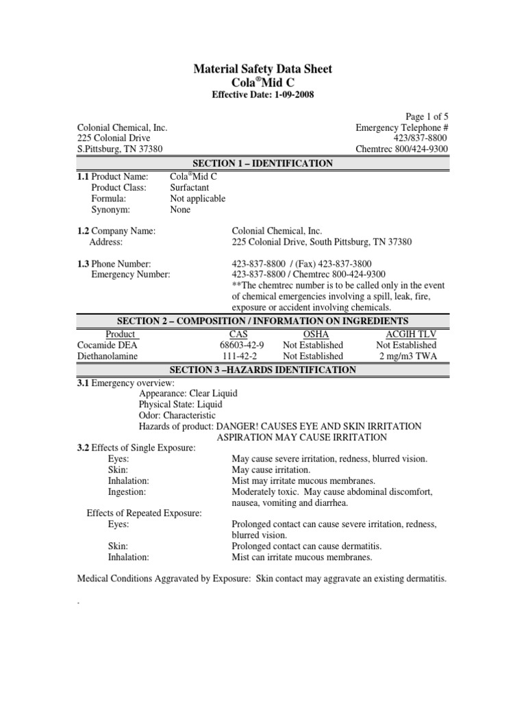 Msds Colamid C (16 Section) | PDF | Hypothermia | Combustion
