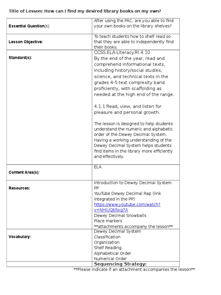 Shelf Reading-Dewey Decimal Lesson | PDF | Educational Assessment ...