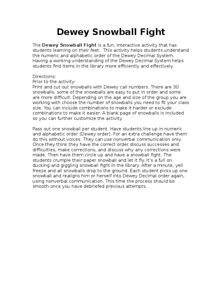 Shelf Reading-Dewey Decimal Lesson (2) - Snowball Fight | PDF