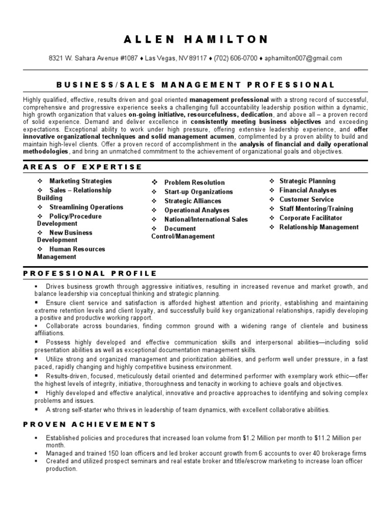 Allen Hamilton Professional Career Resume' | PDF | Sales | Marketing