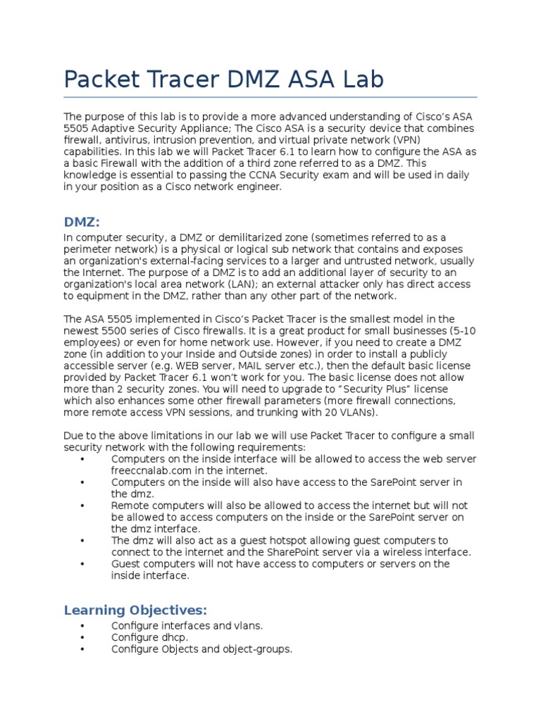 Configuring DMZ on Cisco ASA 5505 | PDF | Cyberwarfare | Security
