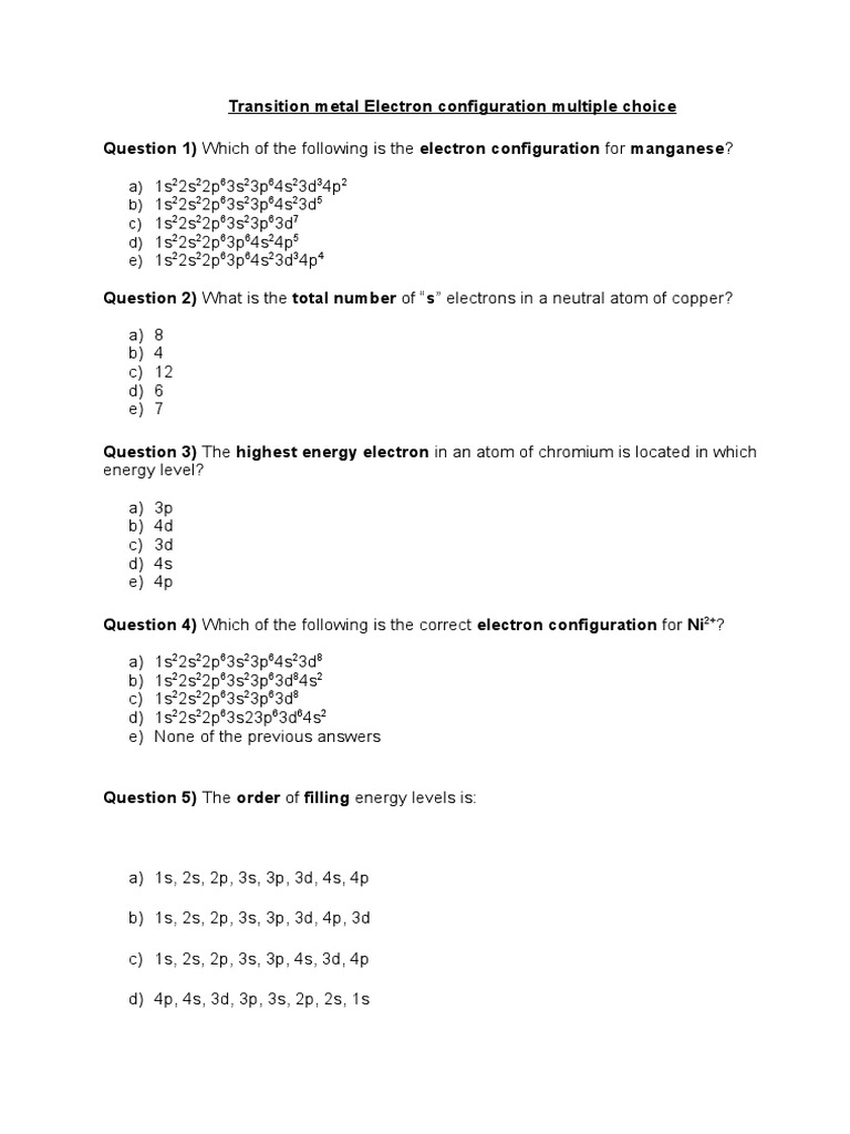 Transition Metal Electron Configurations MCQs | PDF | Electron ...