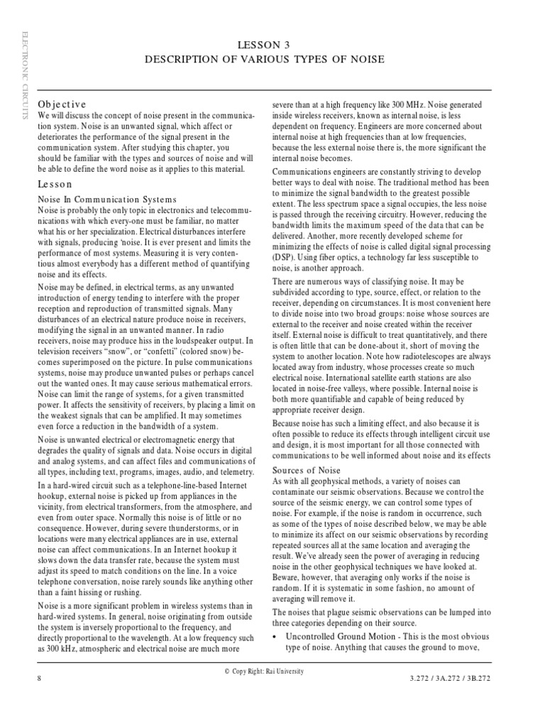 Lesson 3 Description of Various Types of Noise: Objective | PDF ...