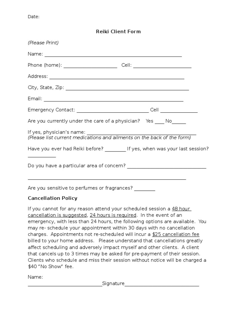 Reiki Client Intake Form | PDF | Career & Growth | Finance & Money ...