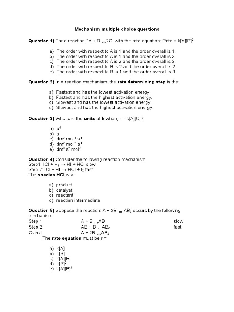 Mechanism Multiple Choice Questions | PDF | Reaction Rate | Activation ...